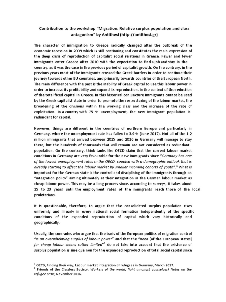 Contribution To The Workshop "Migration: Relative Surplus Population ...