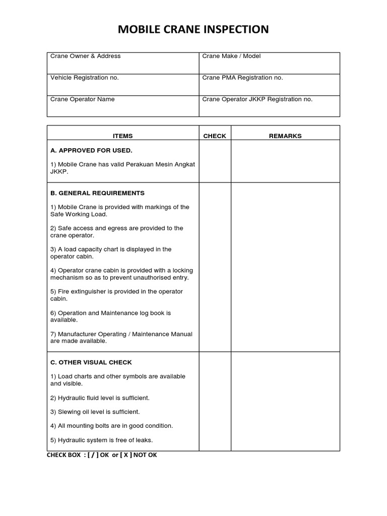 Mobile Crane Checklist | PDF | Crane (Machine) | Mechanical Engineering