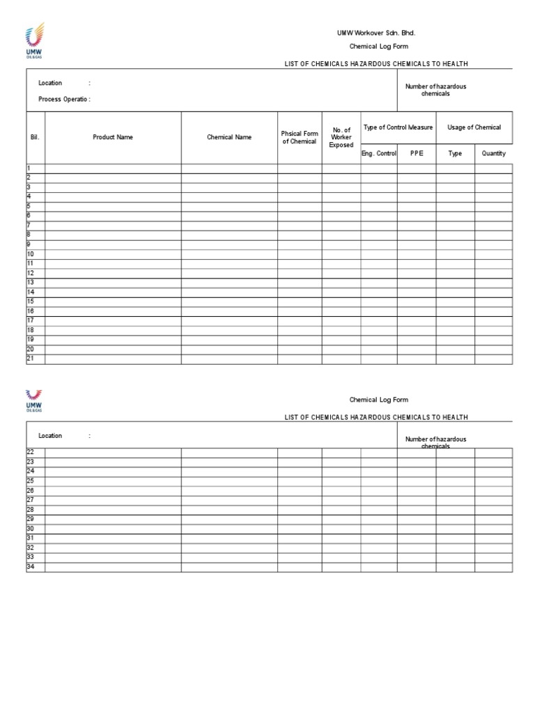HSE F013 Chemical Log Register Form | Futurology | Change Management