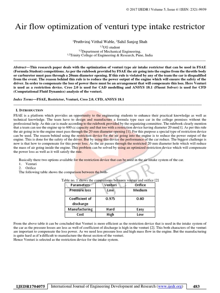 Air Flow Optimization of Venturi Type Intake Restrictor | PDF | Fluid ...