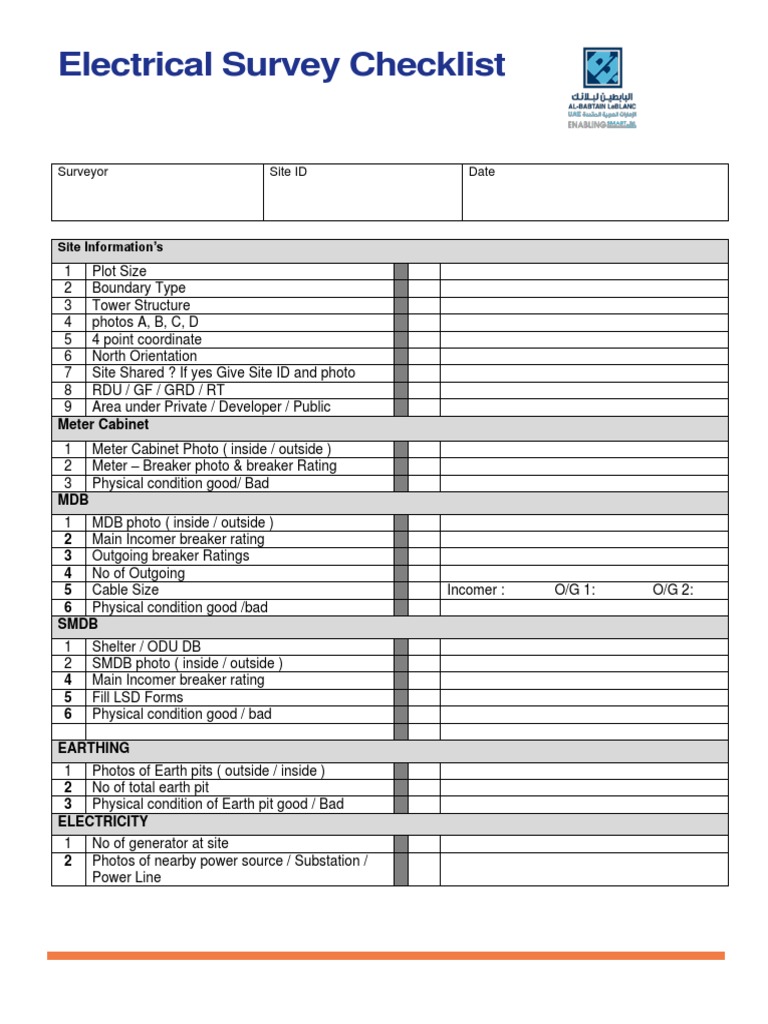 Electrical Survey Checklist: Surveyor Site ID Date | PDF