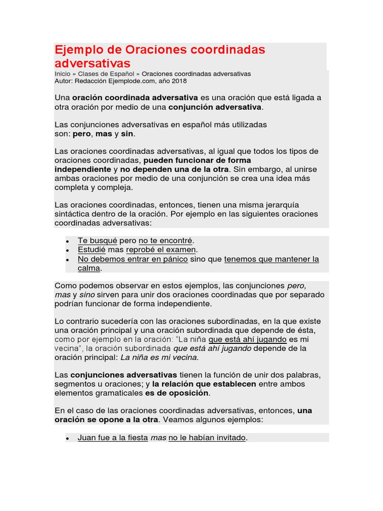 Ejemplo de Oraciones Coordinadas Adversativas | Descargar gratis PDF | Oración (Lingüística ...