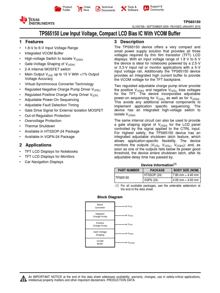 TPS65150 Low Input Voltage, Compact LCD Bias IC With VCOM Buffer | PDF | Electrostatic Discharge ...