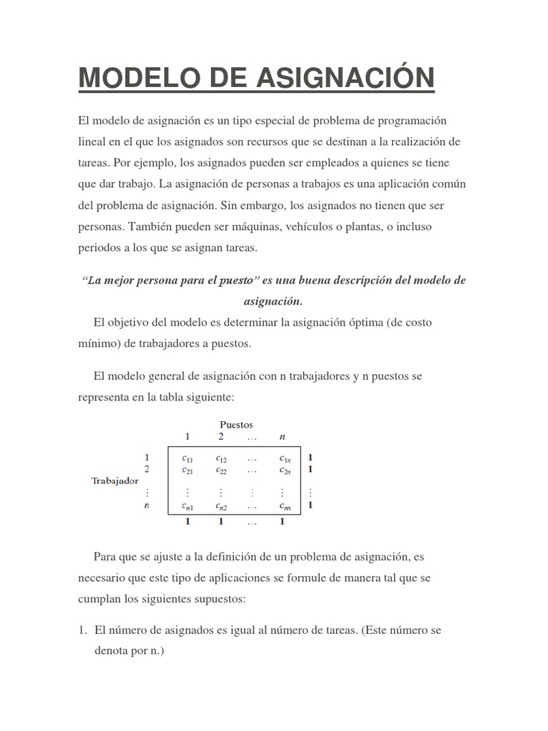 Modelo de Asignación | PDF | Matriz (Matemáticas) | Algoritmos