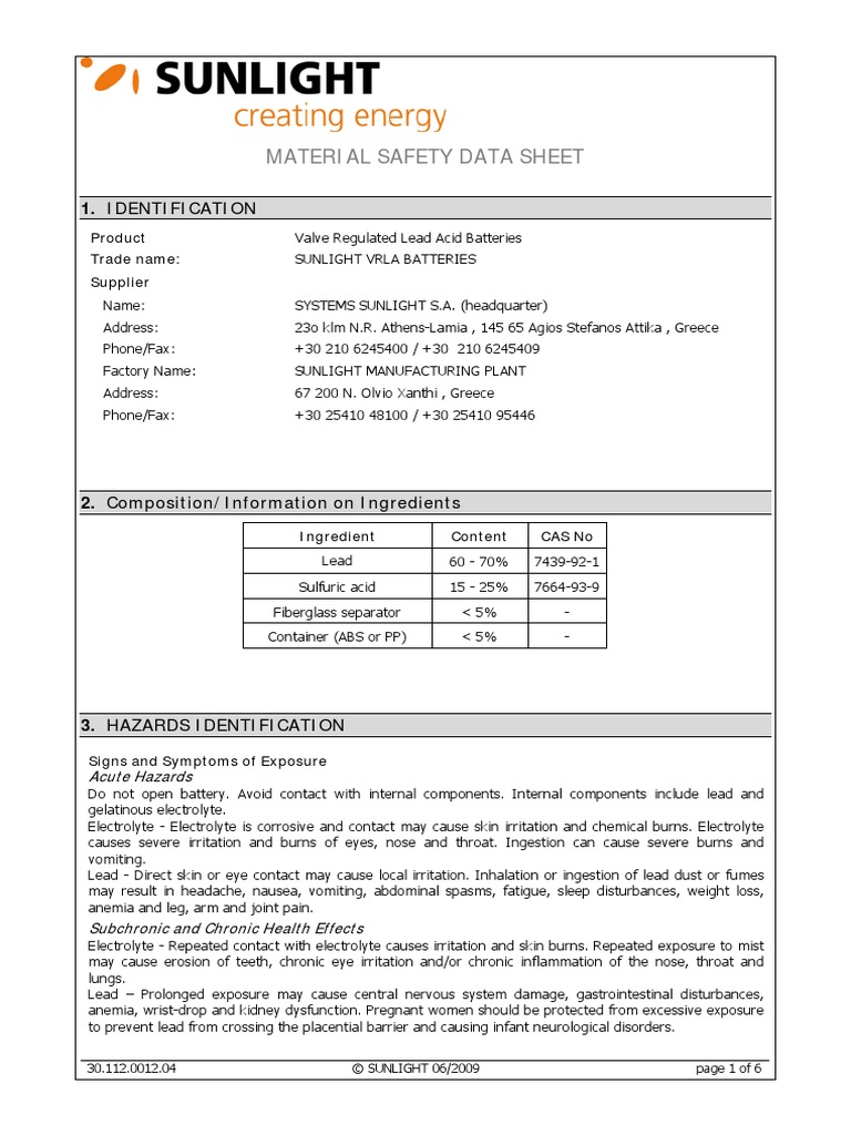 Msds Bateria Sunlight-A G M | PDF | Lead | Battery (Electricity)