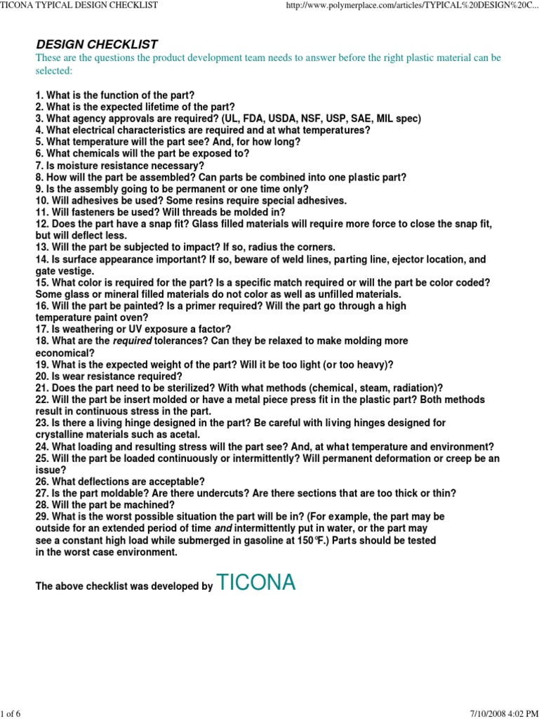 Typical Plastic Design Checklist | PDF | Gear | Plastic