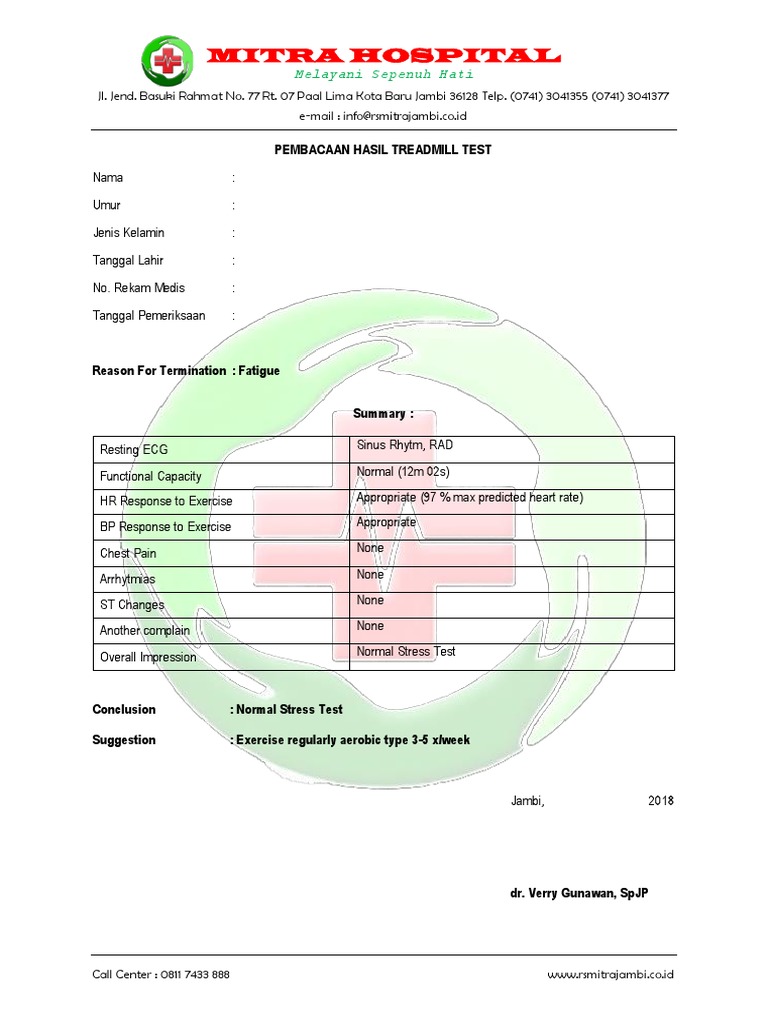 Mitra Hospital: Pembacaan Hasil Treadmill Test | PDF