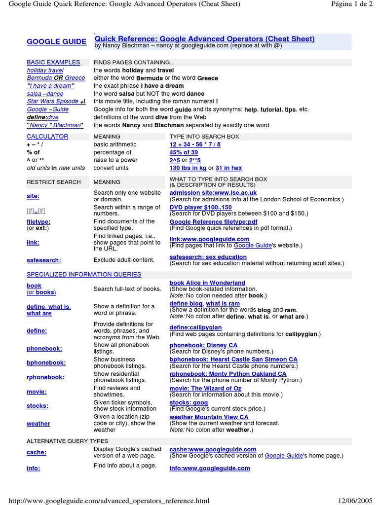Google Guide Quick Reference: Google Advanced Operators (Cheat Sheet ...