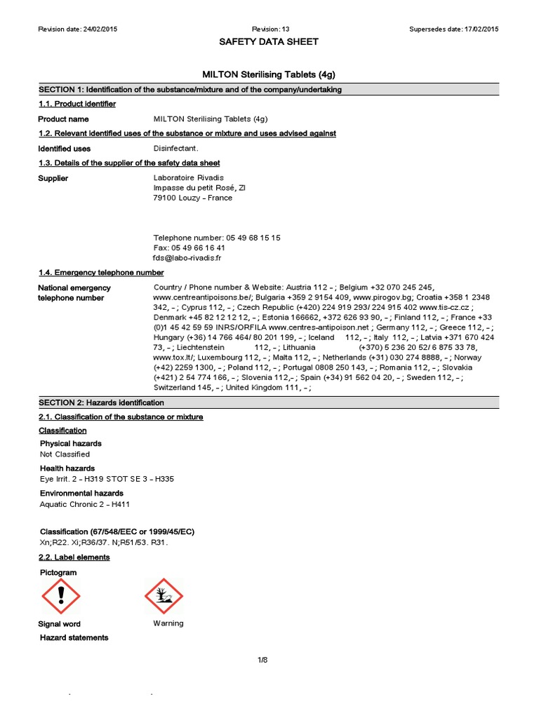 Safety Data Sheet MILTON Sterilising Tablets (4g): Supersedes date: 17 ...