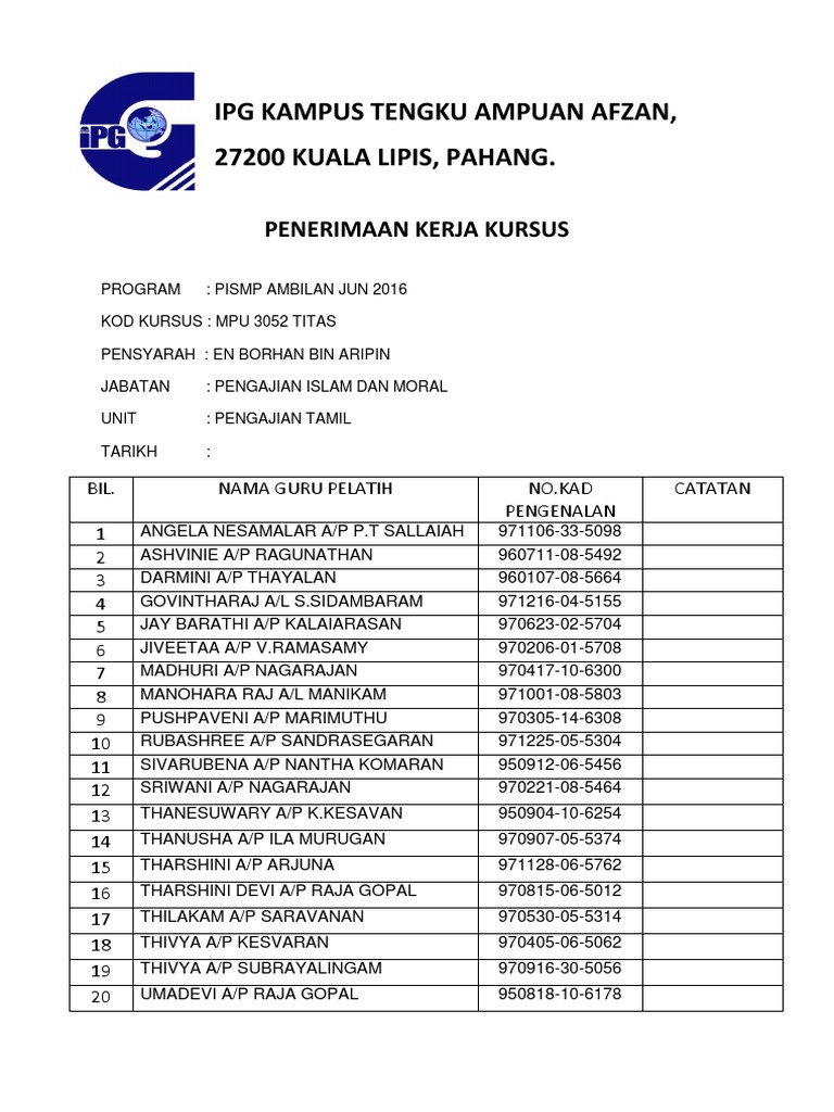 Ipg Kampus Tengku Ampuan Afzan, 27200 Kuala Lipis, Pahang.: Penerimaan ...