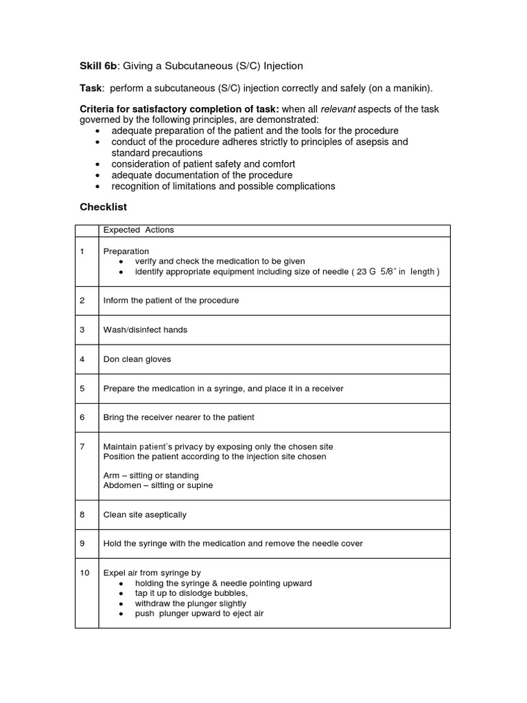 Skill 6b Giving A Subcutaneous SC Injection | PDF | Injection (Medicine ...