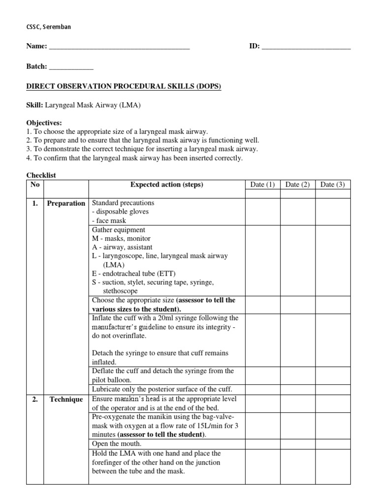 Skill 29 Laryngeal Mask Airway (LMA) | PDF | Medicine | Medical Specialties