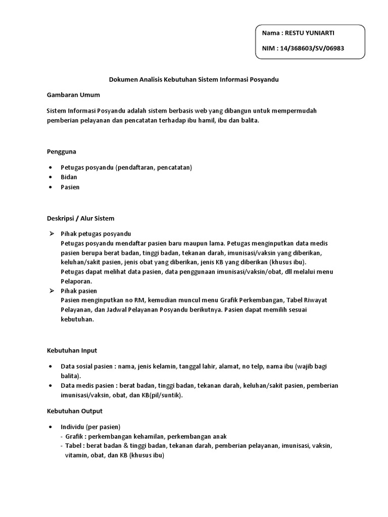 Dokumen Analisis Kebutuhan Sistem Informasi Posyandu | PDF