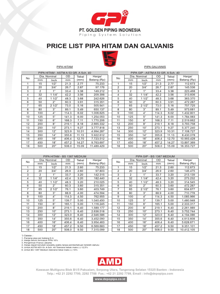 Price List Pipa Hitam Dan Galvanis: Pt. Golden Piping Indonesia | PDF