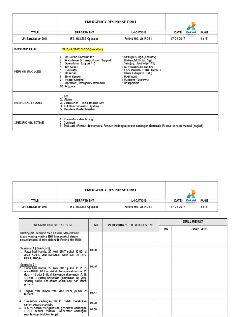 Draft Skenario Emergency Drill - Lift HO | PDF