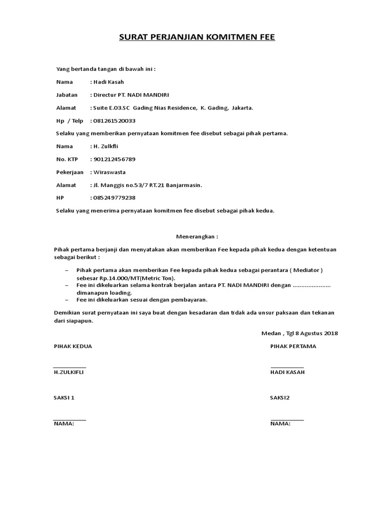 Surat Perjanjian Komitmen Fee | PDF