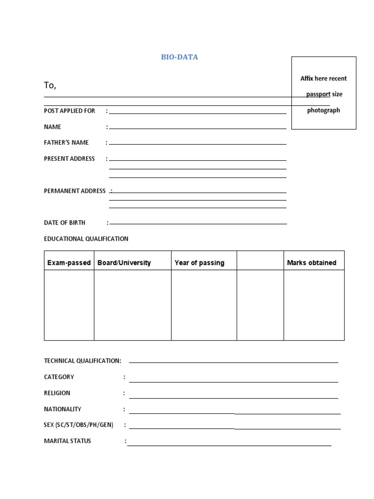 Bio-Data: Affix Here Recent Passport Size Photograph | PDF