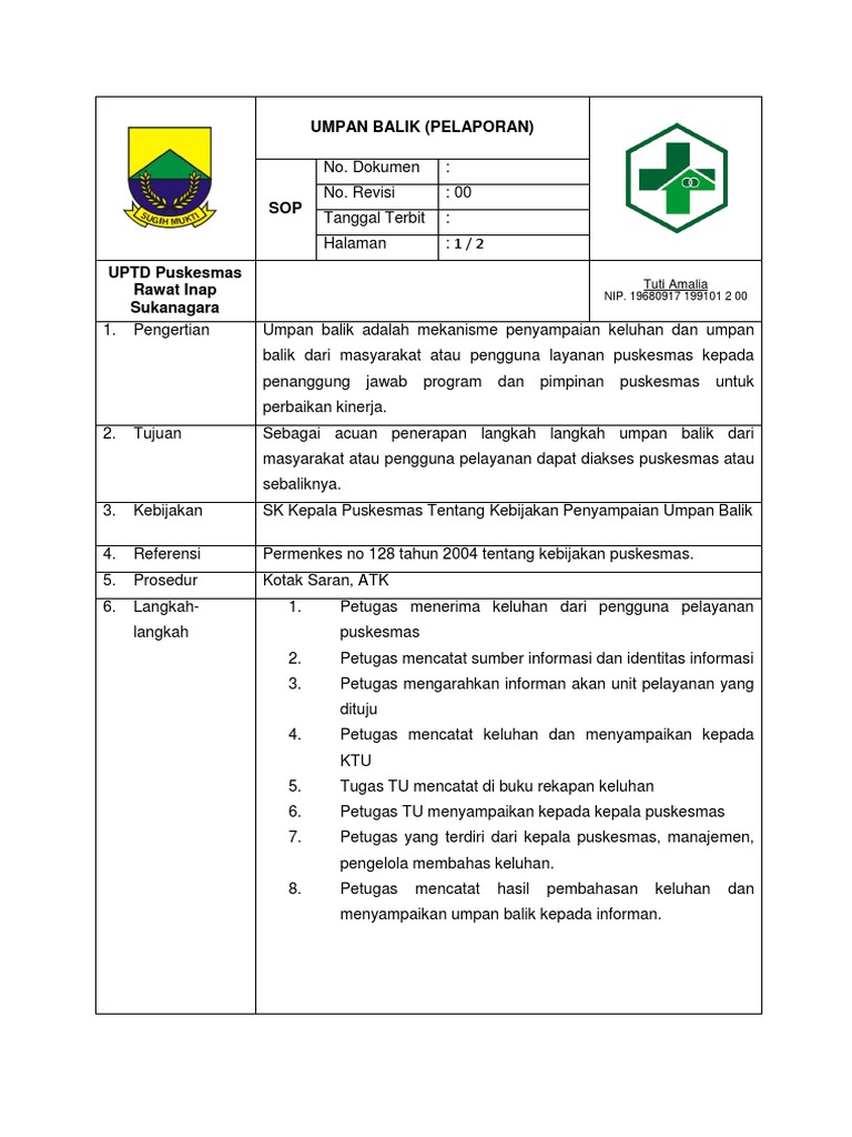 SOP Umpan Balik Puskesmas Sukanagara | PDF