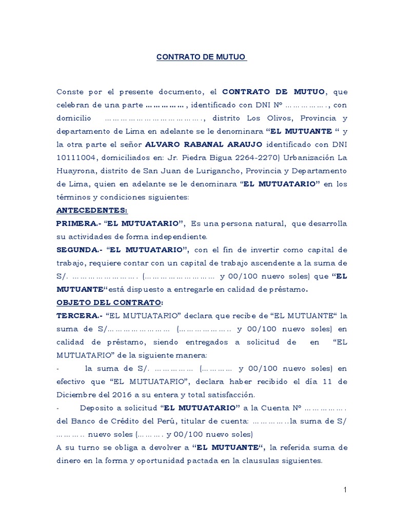 Contrato de Mutuo Sin Intereses | PDF | Préstamo hipotecario | Dinero