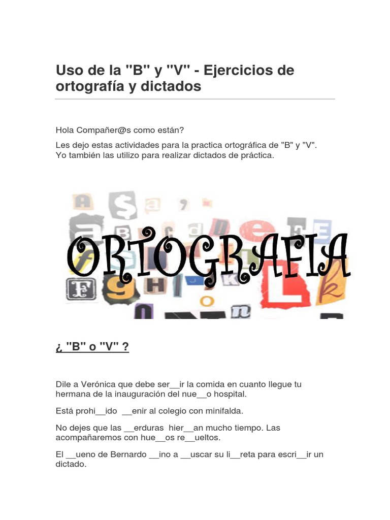 Uso de la 'B' y 'V' - Actividades de dictado y ortografía para ...