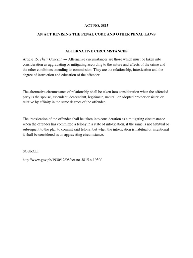 ACT NO. 3815 An Act Revising The Penal Code and Other Penal Laws | PDF