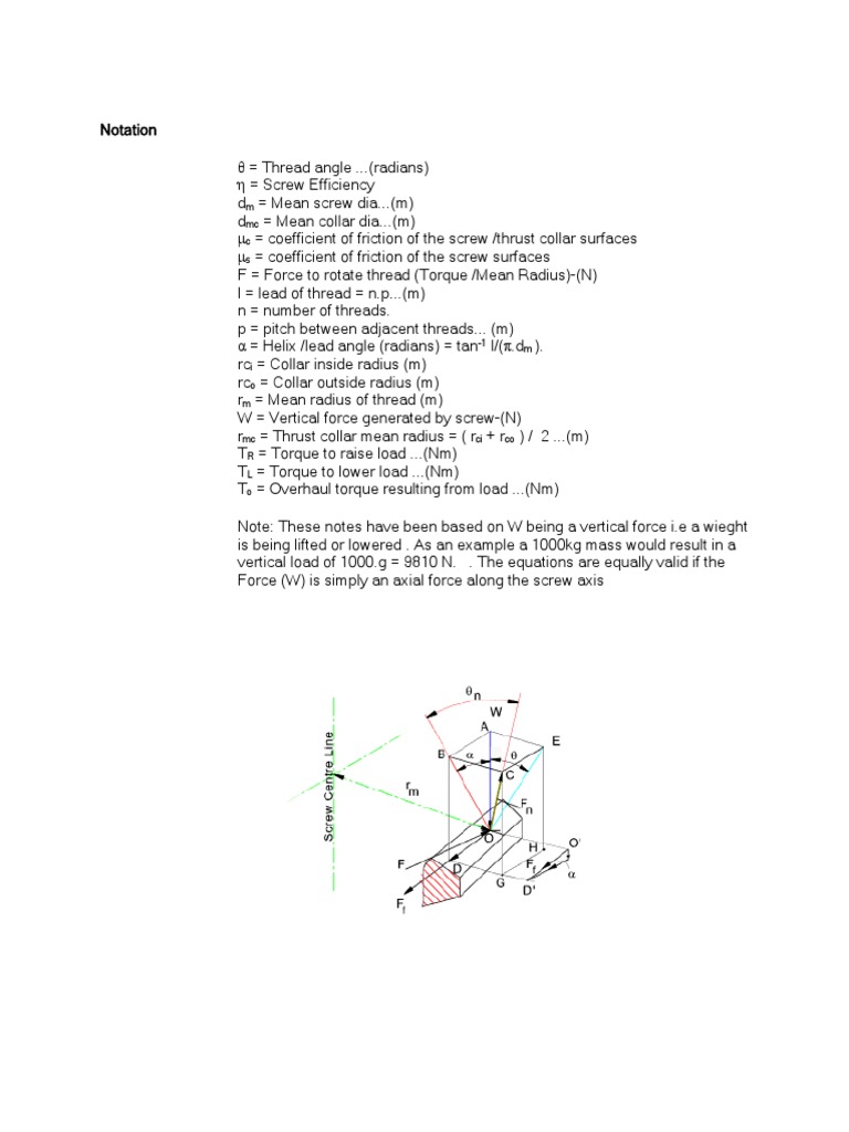Screw Thread Force and Torque Formulas | PDF | Torque | Mechanics