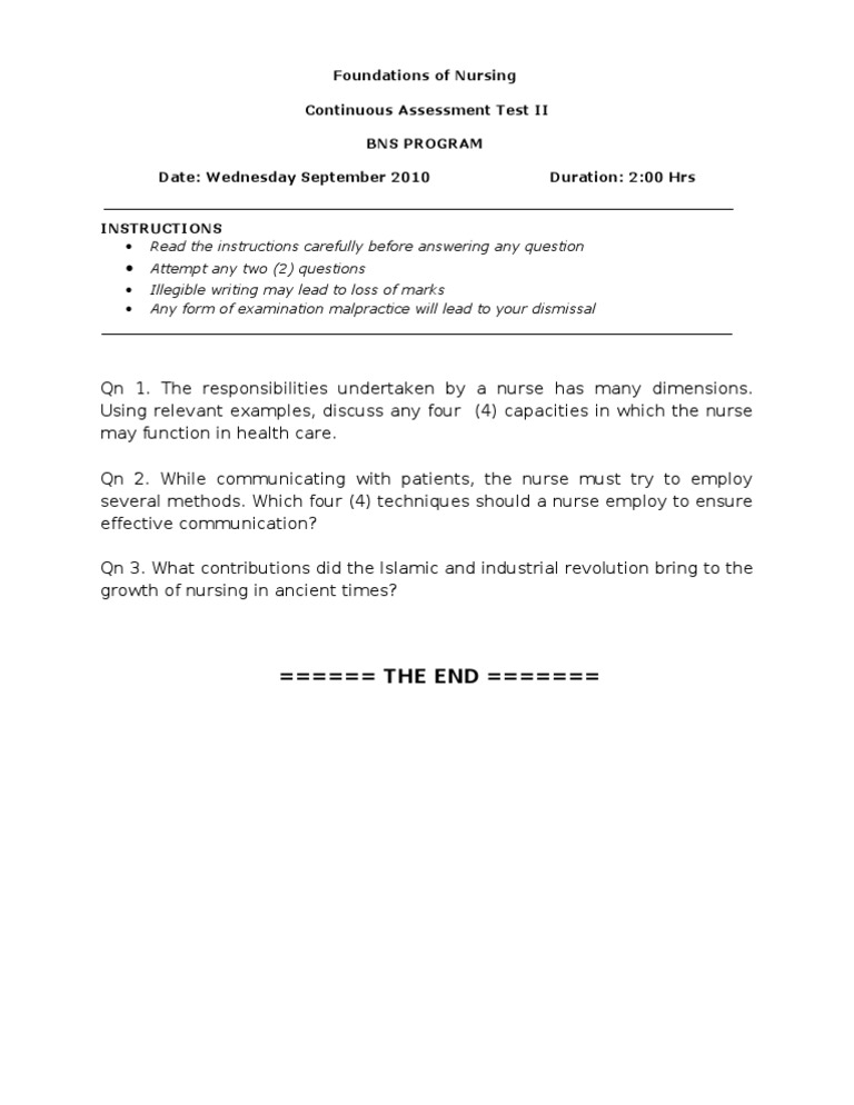Sample Test Question For Foundations of Nursing C | PDF