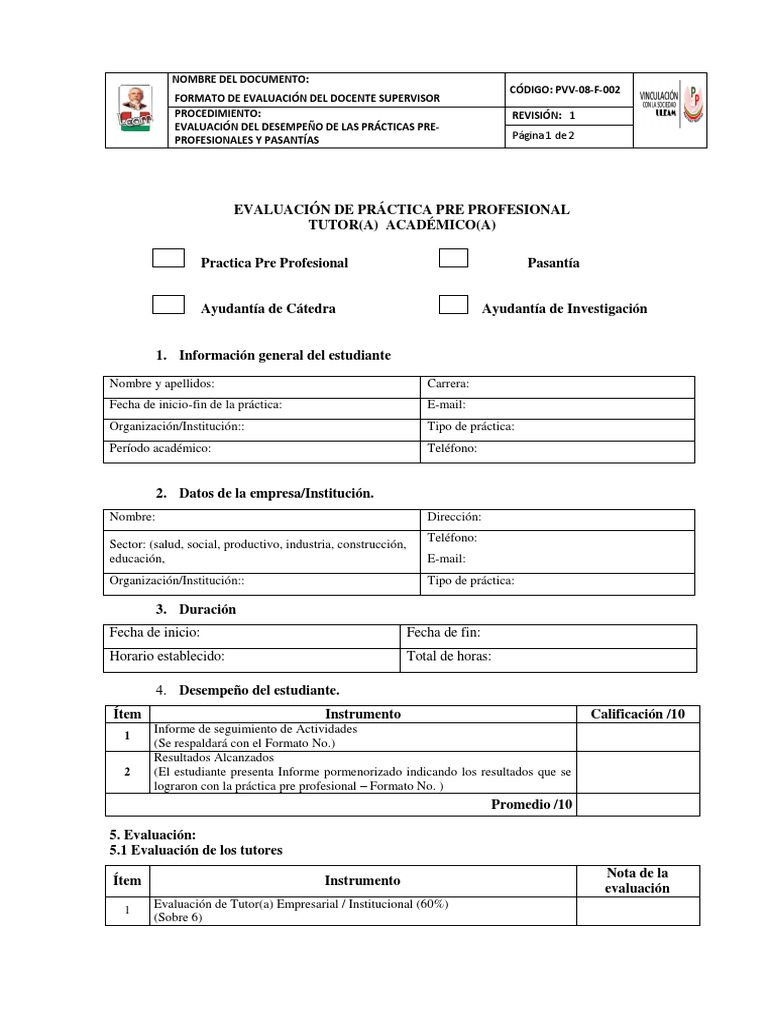PVV 08 F 002 Formato de Evaluación Del Docente Supervisor Tutor Academico | PDF | Maestros ...