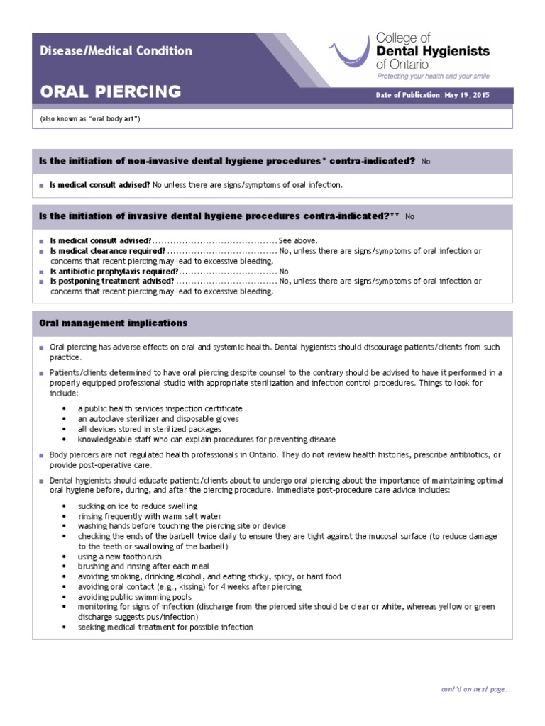 CDHO Factsheet Oral Piercing PDF | PDF | Hygiene | Dental Hygienist