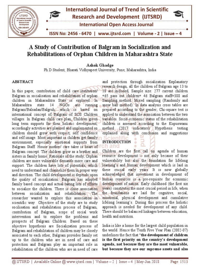 A Study of Contribution of Balgram in Socialization and Rehabilitations ...