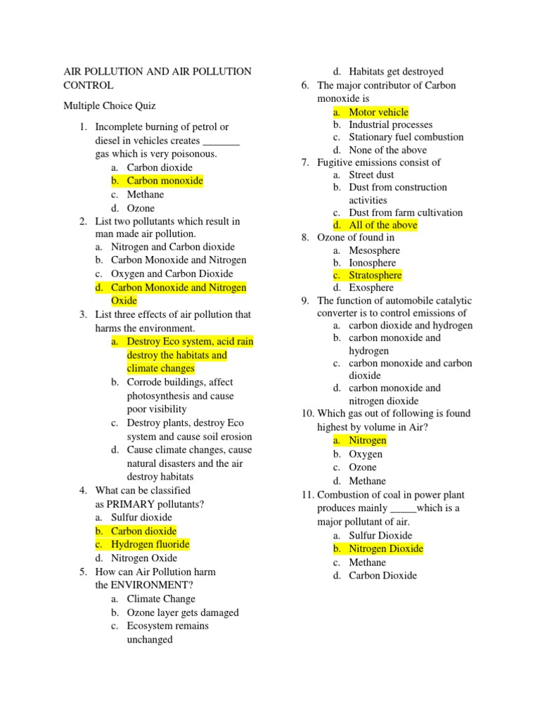Air Pollution and Air Pollution Control - Quiz | PDF | Atmosphere Of ...