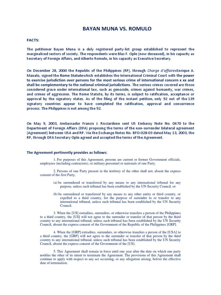 Bayan Muna vs. Romulo: Facts | PDF | Treaty | Ratification