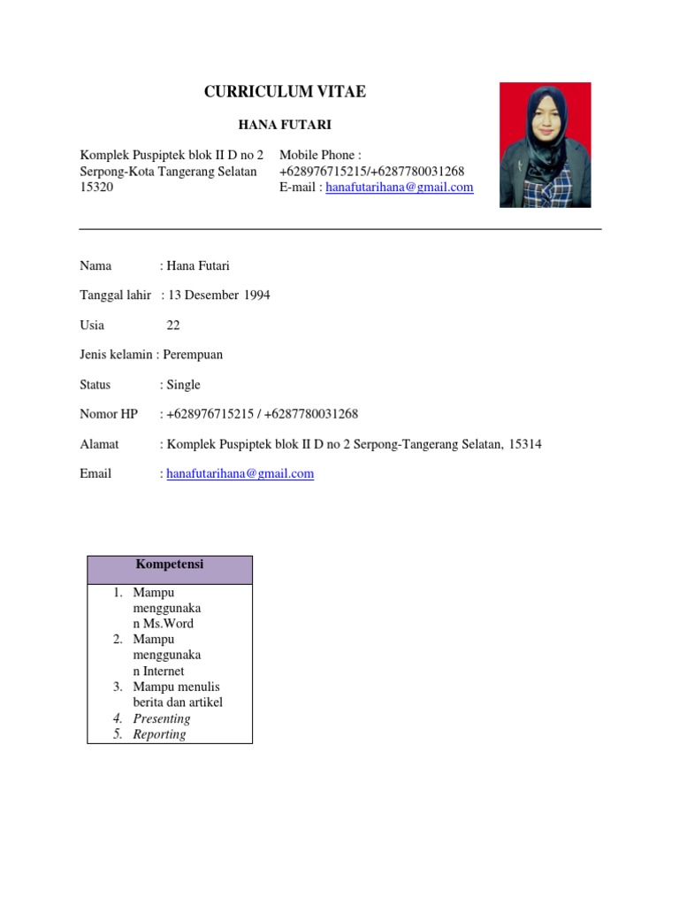 Curriculum Vitae Hana Terbaru | PDF