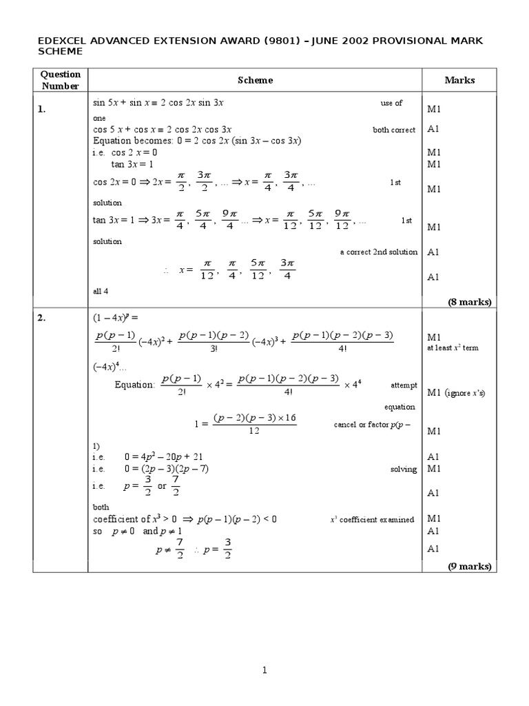 AEA Mathematics Provisional Mark Scheme | PDF | Trigonometric Functions ...