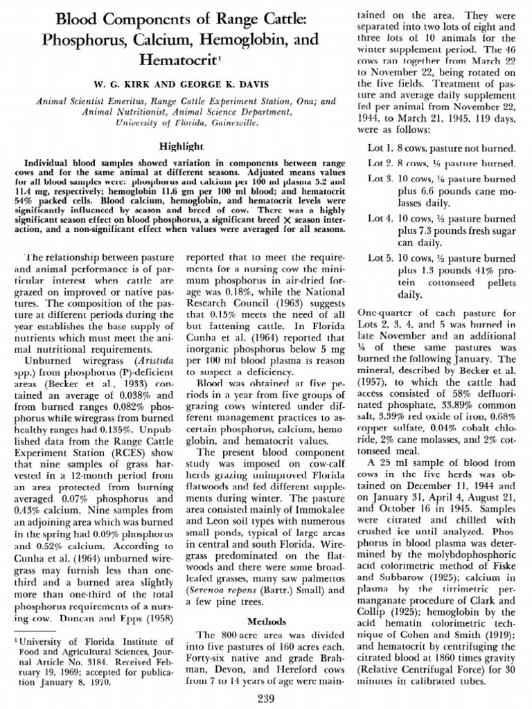 Blood Components of Range Cattle: Phosphorus, Calcium, Hemoglobin, and ...