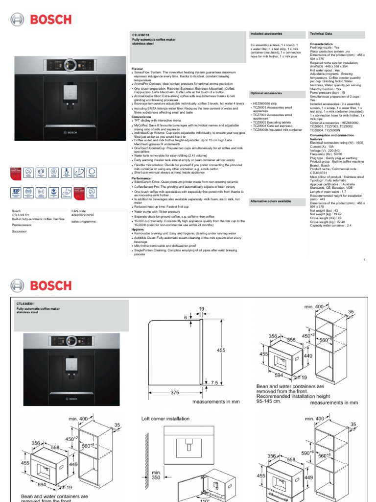 Bosch CTL636ES1 Coffee Machine Specifications Sheet | PDF | Coffee | Drink