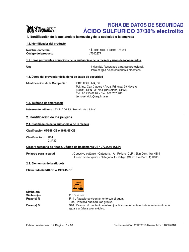 Acido-Baterias Electrolito SO4H2 Disolucion Baterias Plomo FICHA ...