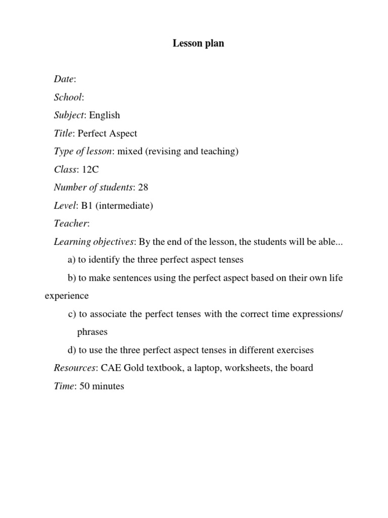 Perfect Aspect Lesson Plan for 12C | PDF | Semiotics | Education Theory