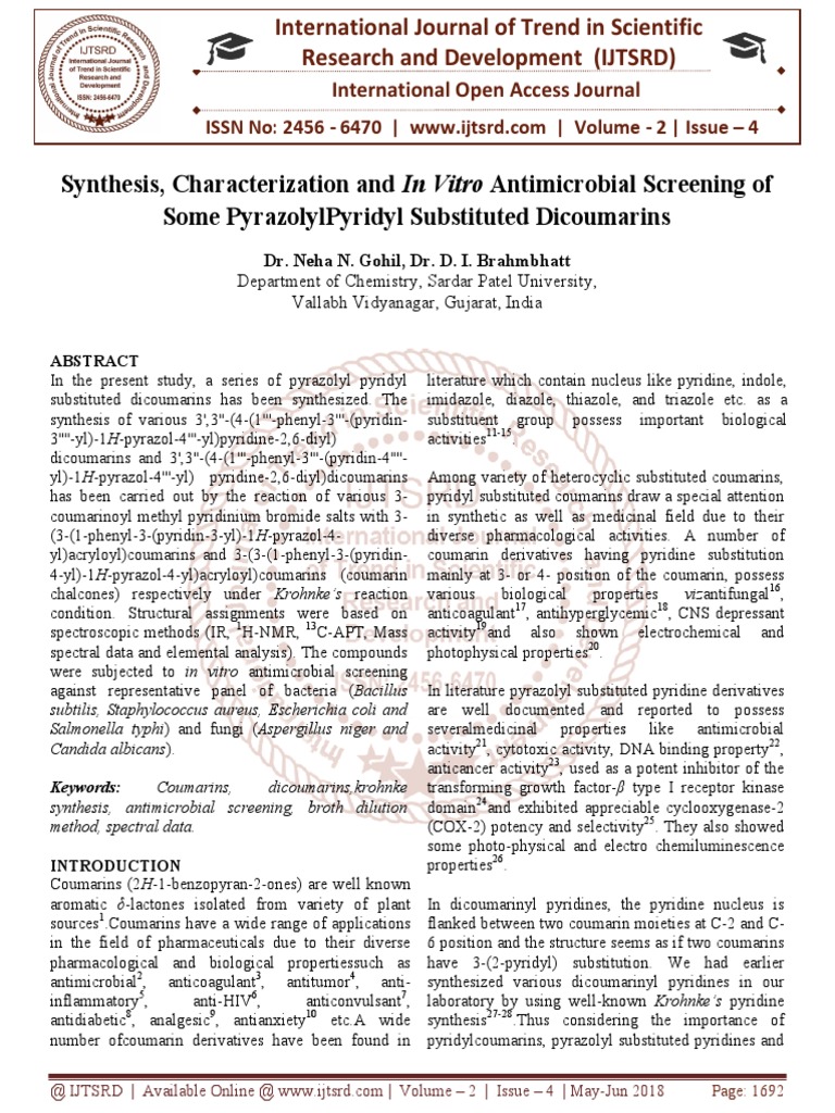 Synthesis, Characterization and in Vitro Antimicrobial Screening of Some PyrazolylPyridyl ...