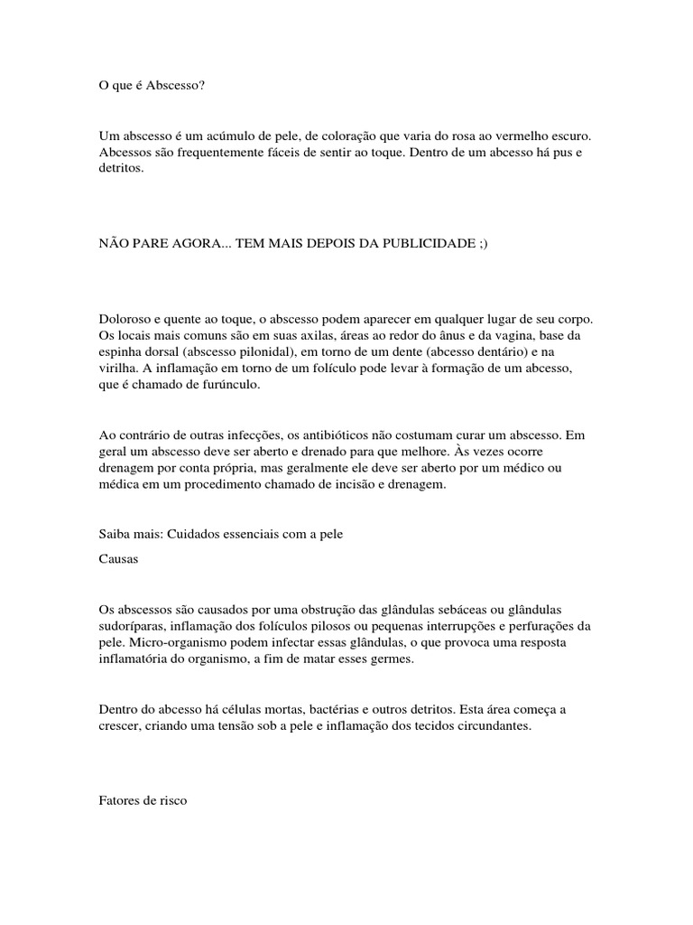 O que é um Abscesso? Sintomas, Causas, Diagnóstico e Tratamento | PDF ...