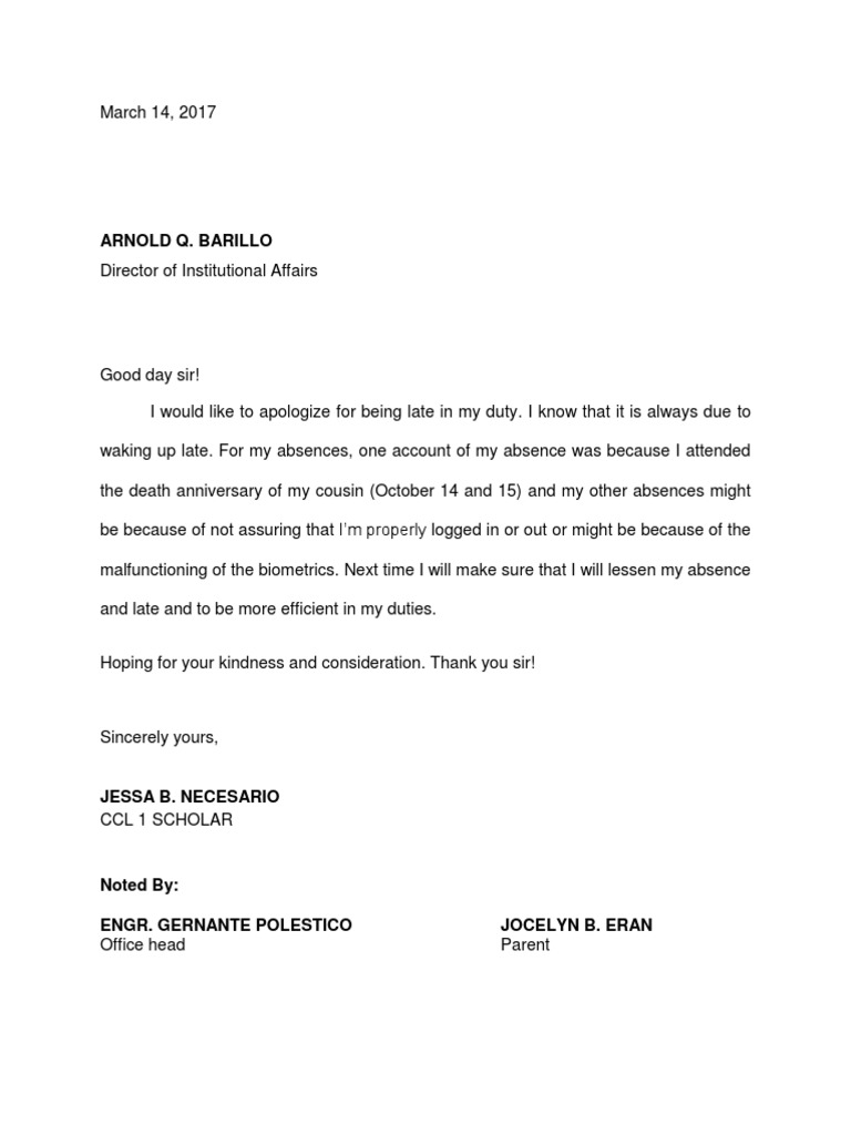 Apology letter for absences and lateness | PDF
