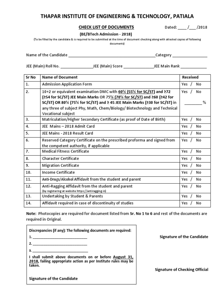 Thapar Institute of Engineering & Technology, Patiala: Check List of Documents | PDF ...