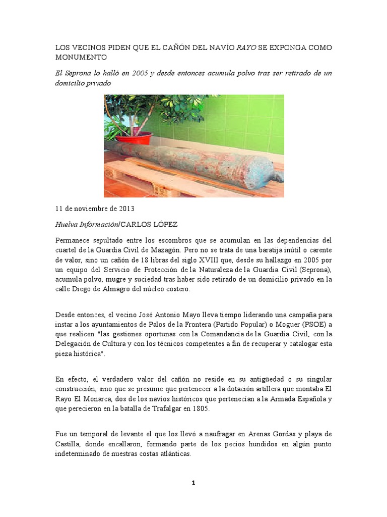 Los Vecinos Piden Que El Cañón Del Navío Rayo Se Exponga Como Monumento ...