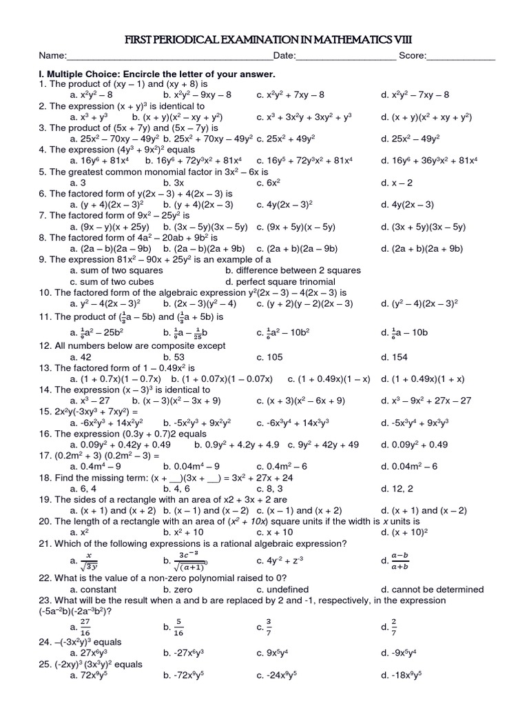 First Grading Exam Math 8 | PDF | Abstract Algebra | Teaching Mathematics