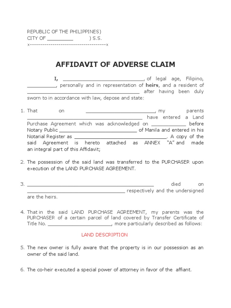 Sample Affidavit of Adverse Claim | PDF | Affidavit | Document