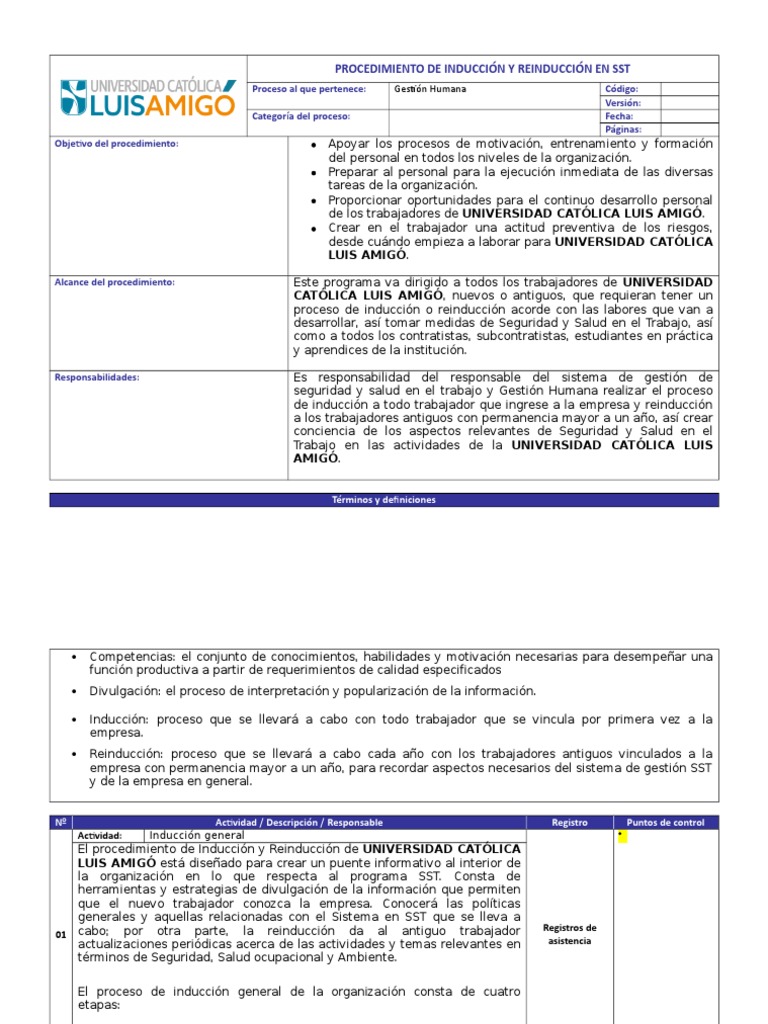 4 Procedimiento Induccion y Reinduccion Formato | Razonamiento inductivo | Valores