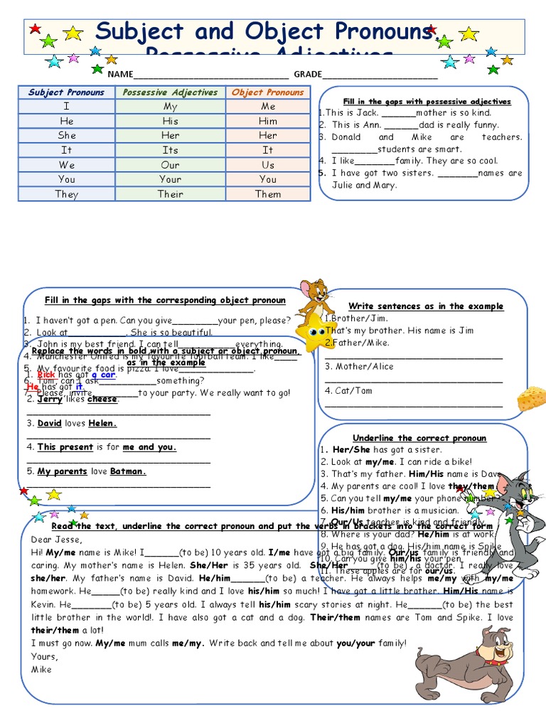Subject and Object Pronouns Possessive Adjectives 93842 | PDF ...