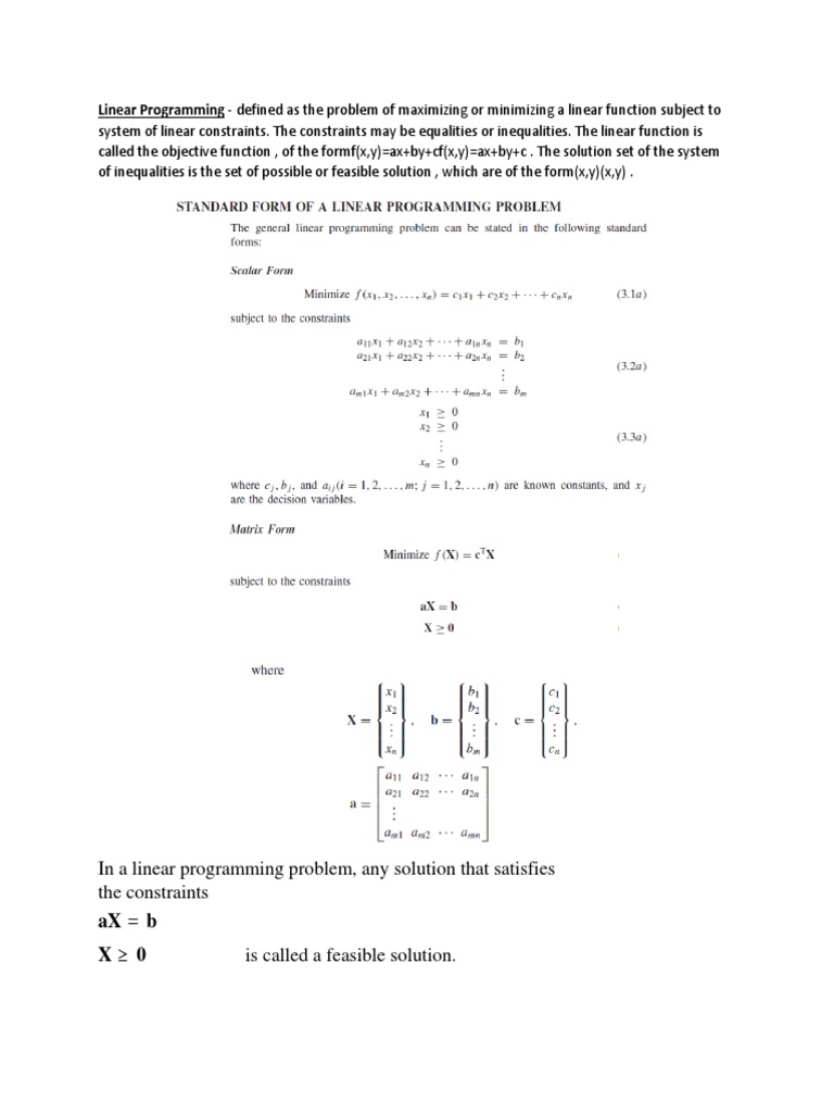 Linear Programming Defined As The Problem Of Maximizing Or Minimizing A Linear Function