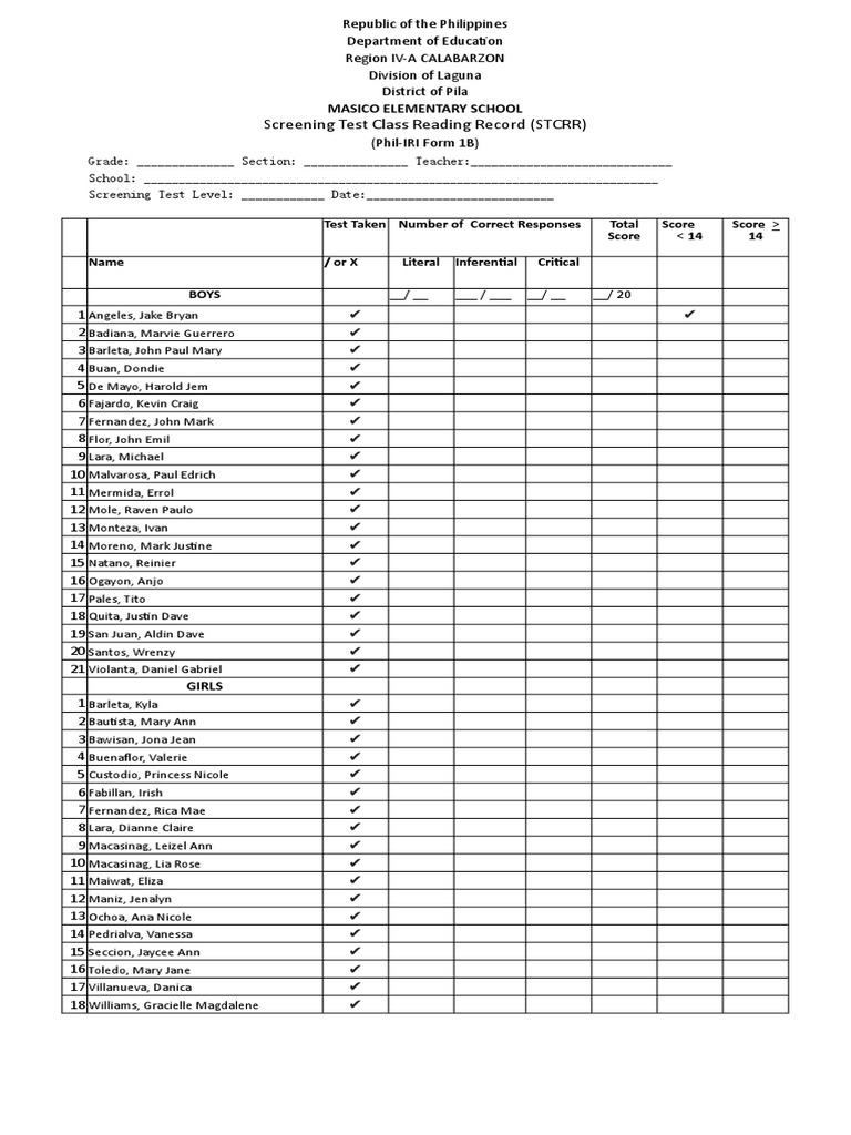 Screening Test Class Reading Record (STCRR) : Masico Elementary School ...