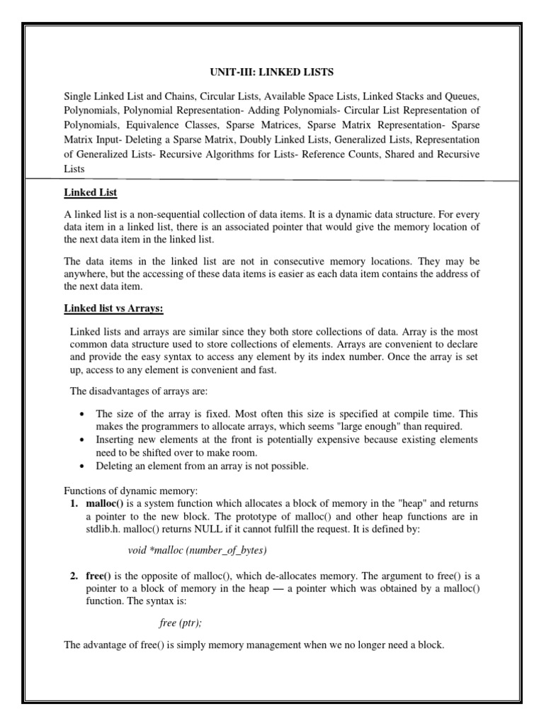 Unit-Iii: Linked Lists: Free (PTR) | PDF | Pointer (Computer Programming) | Matrix (Mathematics)